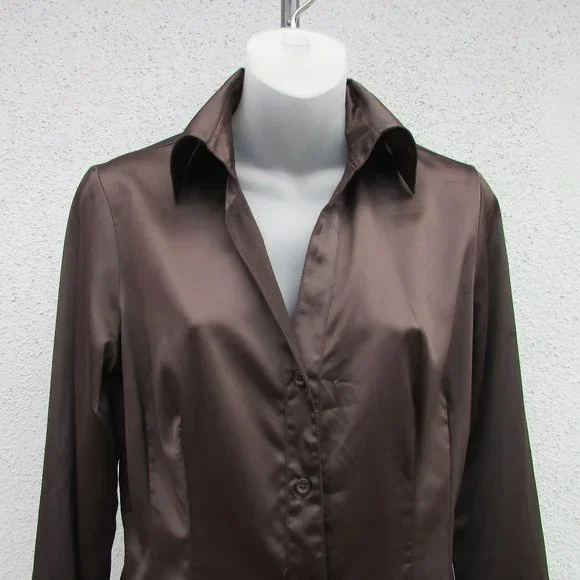 Sisley | Tops | Sisley Brown Stretch Satin Button Down Shirt M | Poshmark